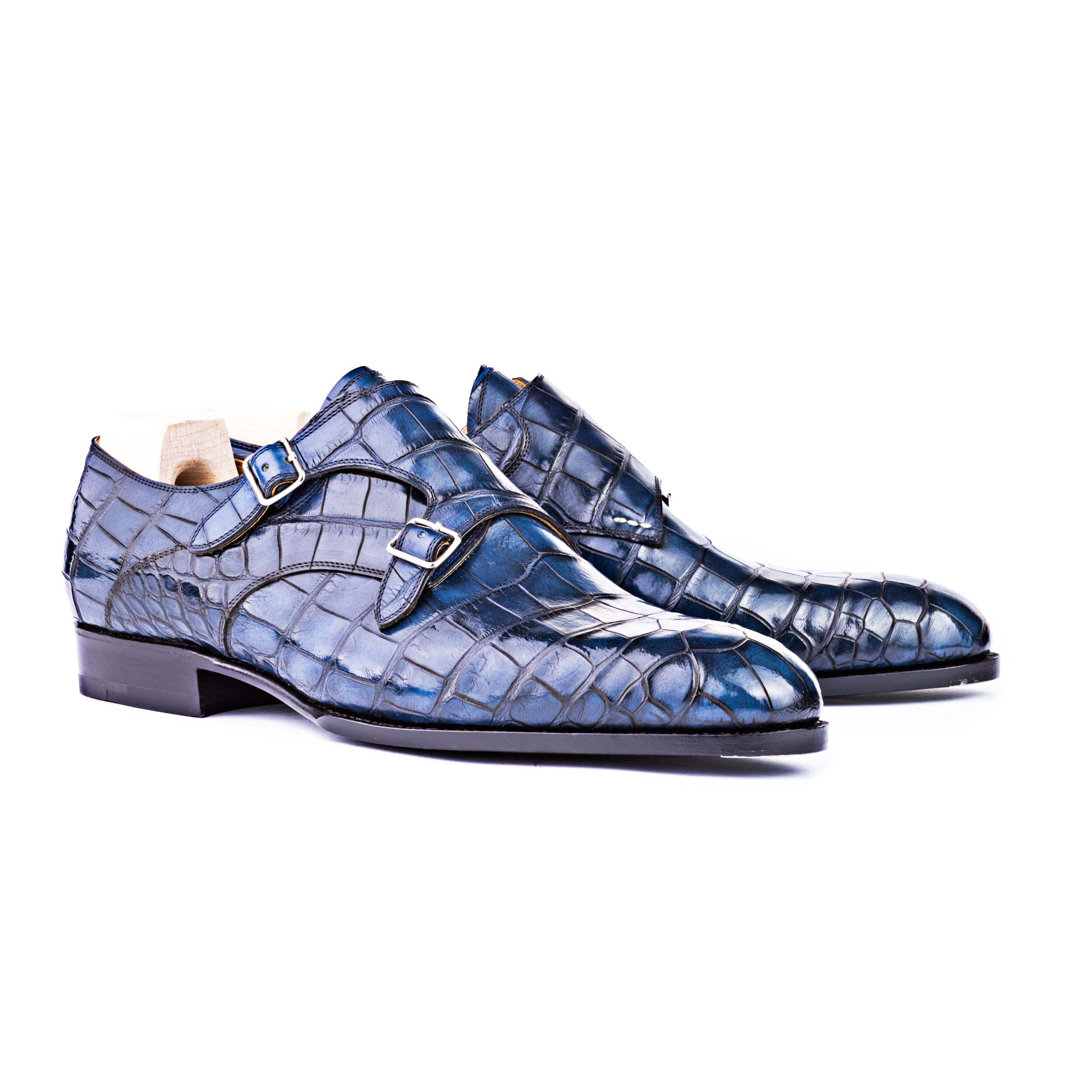 Goodyear Welted Aveiro Navy Blue Leather Croc Print Double Monk Strap ...